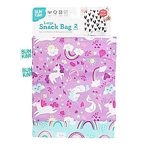 Bumkins Sandwich Bag / Snack Bag, Reusable Fabric, Washable, Food Safe, BPA Free, 7x7 - Rainbows & Unicorns (2-Pack)