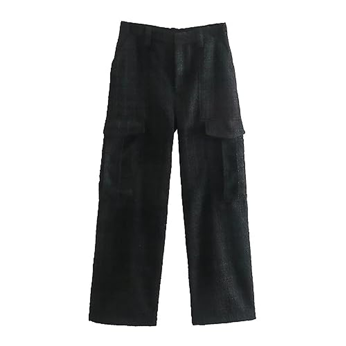 Women Side Patch Pockets Tweed Cargo Pants Vintage High Waist Zipper Fly Female Trousers S