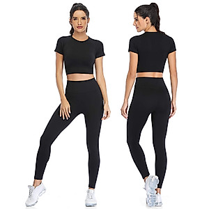 PINKSAVIOR Workout Sets for Women Two Piece Outfits Seamless High Waist Leggings Yoga Crop Tops Athletic Sports Gym Sets(P005M-Black