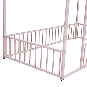 Aiuyesuo Playhouse Design Twin Size House Bed with Fence, Metal Montessori Floor Bed Frame with Roof for Toddler, Kids, Teens, Girls, Boys, No Box Spring Needed (Pink-T9)