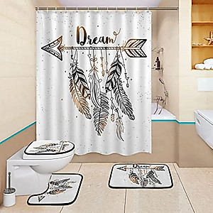 Oyihfvs Boho Ethnic Arrow and Beautiful Feathers Dream Cather 4 Pcs Shower Curtain with Matching Doormat Sets, Bath Curtain with Rugs(Bath Mat, U Shape Mat, Toilet Lid Cover Mat) with Hooks