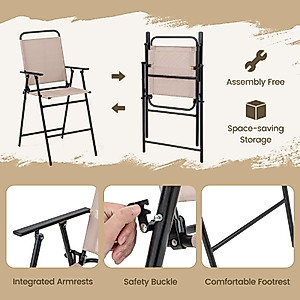Giantex 4-Piece Outdoor Bar Set, Round High Top Bar Table with 2 Folding Counter Height Chairs & Umbrella, Patio Bistro Table Set with Tempered Glass Top for Garden Porch Poolside, Beige