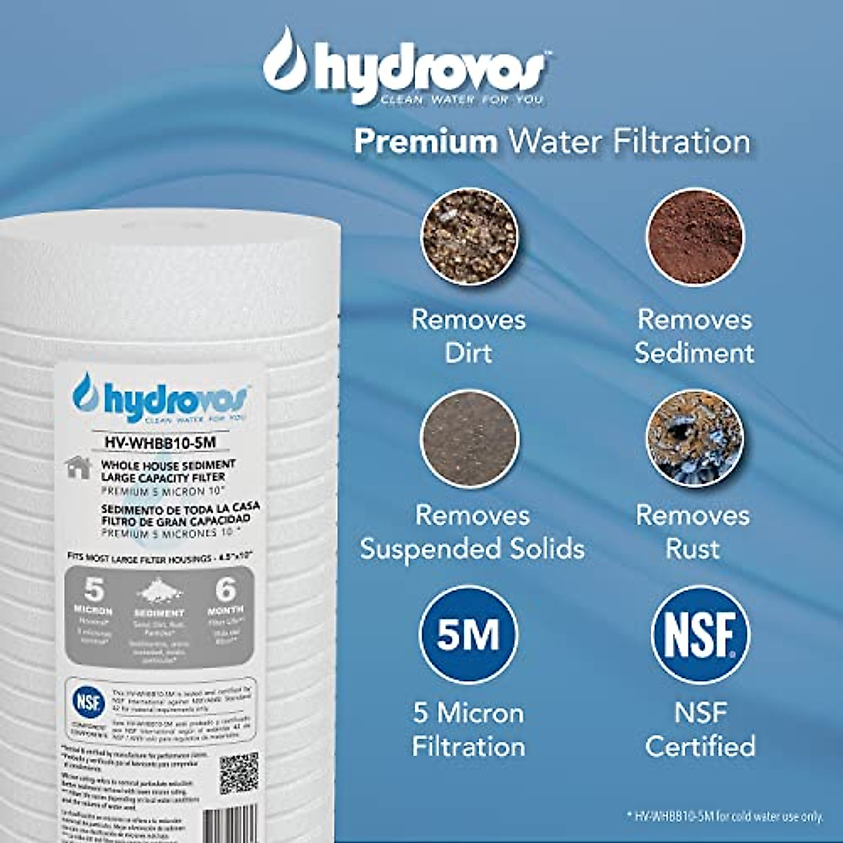HYDROVOS 4.5 x 10 Inch Large Capacity Whole House Water Filter, NSF 42 Certified 5 Micron Sediment Filtration, Compatible with Whirlpool WHKF-GD25BB Aqua-Pure AP810, AP801 GE GXWH30C GXWH35F GWWH40