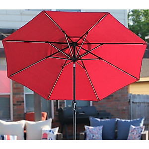 Sun-Ray 811028 9' Round Next Gen 8-Rib Solar Patio Umbrella 32 LED Within Unique Strip Lighting, Crank and Tilt, 9 ft, Scarlet/Red