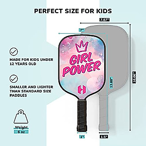 Helium Pickleball Paddle for Kids – (2 Pack - POW! and Girl Power) Child Size, Lightweight Honeycomb Core, Graphite Strike Face, Premium Comfort Grip, 2 Pickleball Paddles & 2 Drawstring Bags