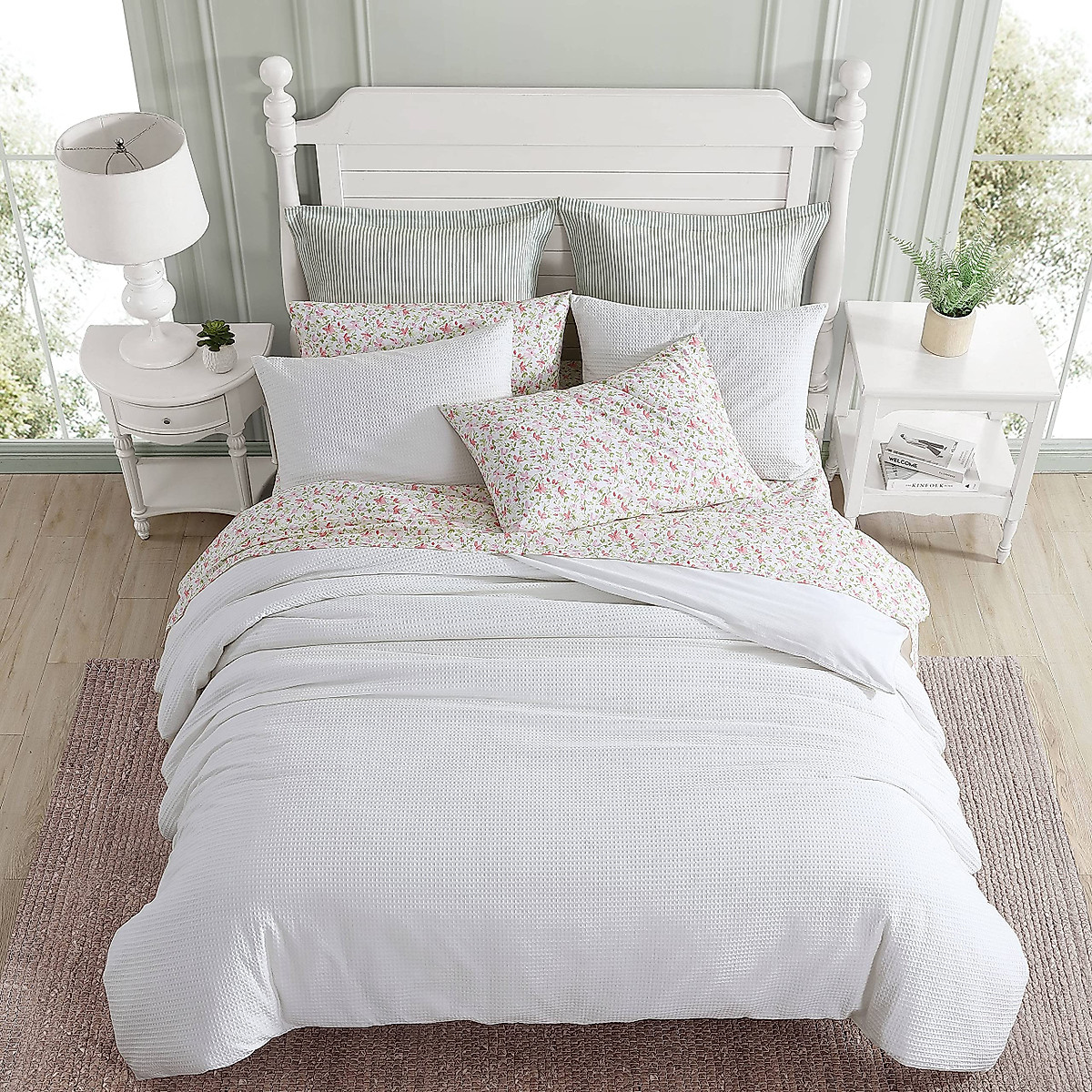 Laura Ashley- Queen Duvet Cover Set, Reversible Cotton Bedding Set with Matching Shams, Farmhouse Home Décor (Waffle Pique White, Queen)
