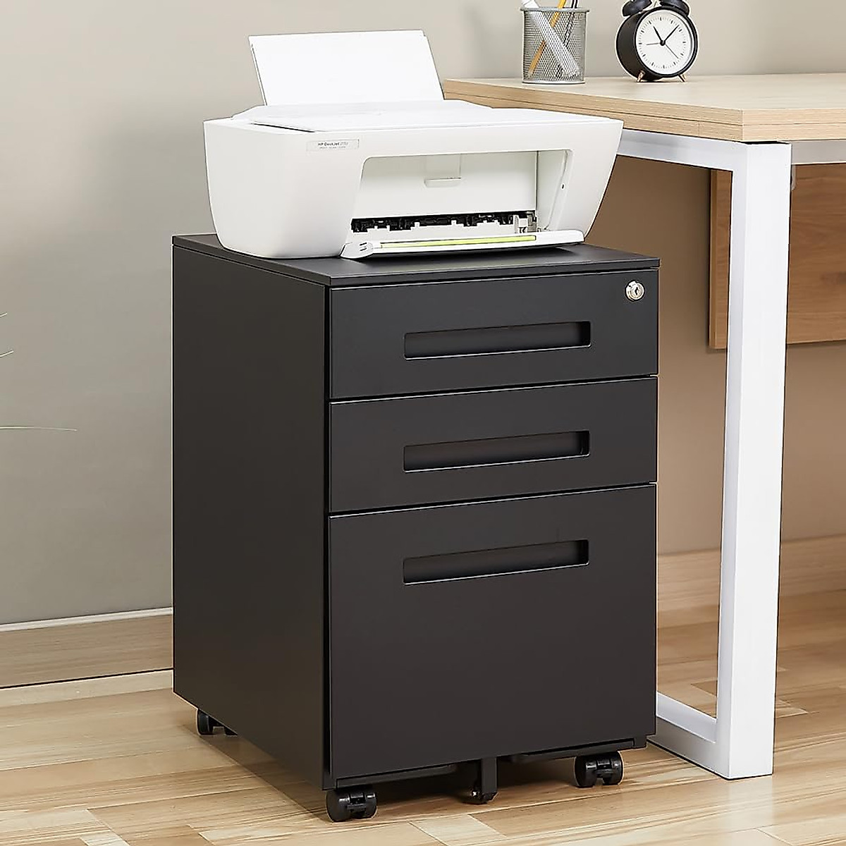 Gustonhon 3-Drawer Mobile File Cabinets Rolling Metal Filing Cabinet for Legal & Letter File Anti-tilt Design with Lock Under Desk Office Drawers Fully Assembled Except Casters (Matt Black)
