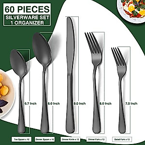 60-Piece Black Silverware Set with Organizer, AIVIKI Stainless Steel Flatware Set for 12, Cutlery Utensil Sets for Home Restaurant, Include Knife Fork Spoon Set, Mirror Polished