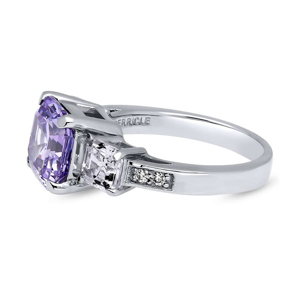 BERRICLE Sterling Silver 3-Stone Wedding Engagement Rings Purple Asscher Cut Cubic Zirconia CZ Statement Cocktail Anniversary Ring for Women, Rhodium Plated Size 4