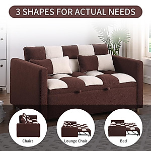 Otnqu Lonvertible Sofa Bed - 3 in 1 Loveseat Sleeper Sofa,Pull Out Sleeper Bed with Adjustable Backrest,Multi-Functiona Lounge Chair with Teddy Fabric for Living Room(Brown+Beige)