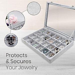 Hivory Jewelry Organizer Box - Earrings & Rings Accessories Display & Storage Tray - 24 Grid Large Showcase Holder - Jewelry Display Tray with Transparent Lid(Grey)