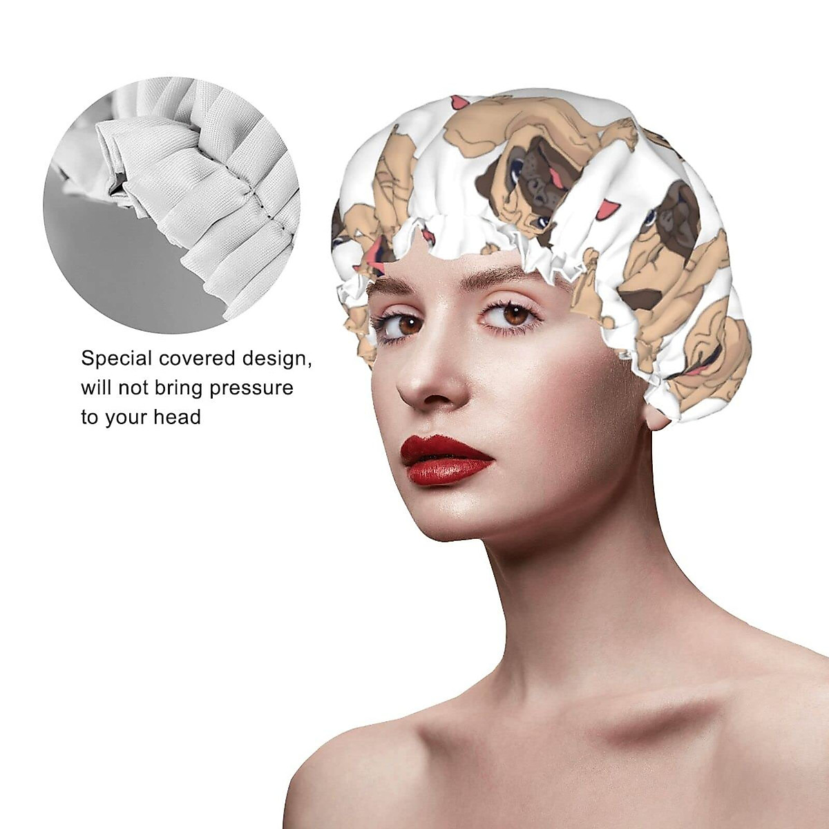 White Brown Pug Shower Cap for Women,Double Waterproof Layers Bathing Shower Hat Large Designed for all Hair