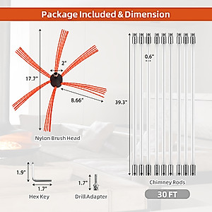 Chimney Cleaning Kit 30 Feet Chimney Sweep Kit, Chimney Brush Kit with 9 Nylon Flexible Rods and Strong Brush Head, Rotary Chimney Cleaner System Fireplace Brush Tool Driven by Drill for Home Use