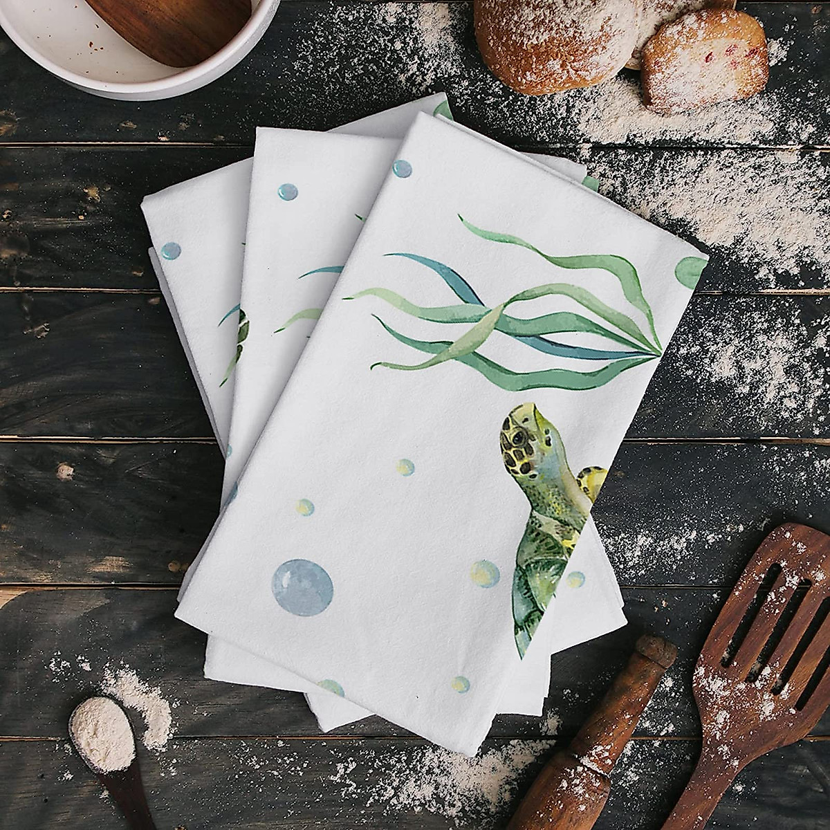 RainbowDay Cotton Kitchen Towels Super Soft Absorbent Kitchen Dish Towels for Drying Dishes/Hand/Tea/Bar Towels Sea Turtle Coral Marine Life Cleaning Kitchen Towels 2 Pack, 18x28 Inch