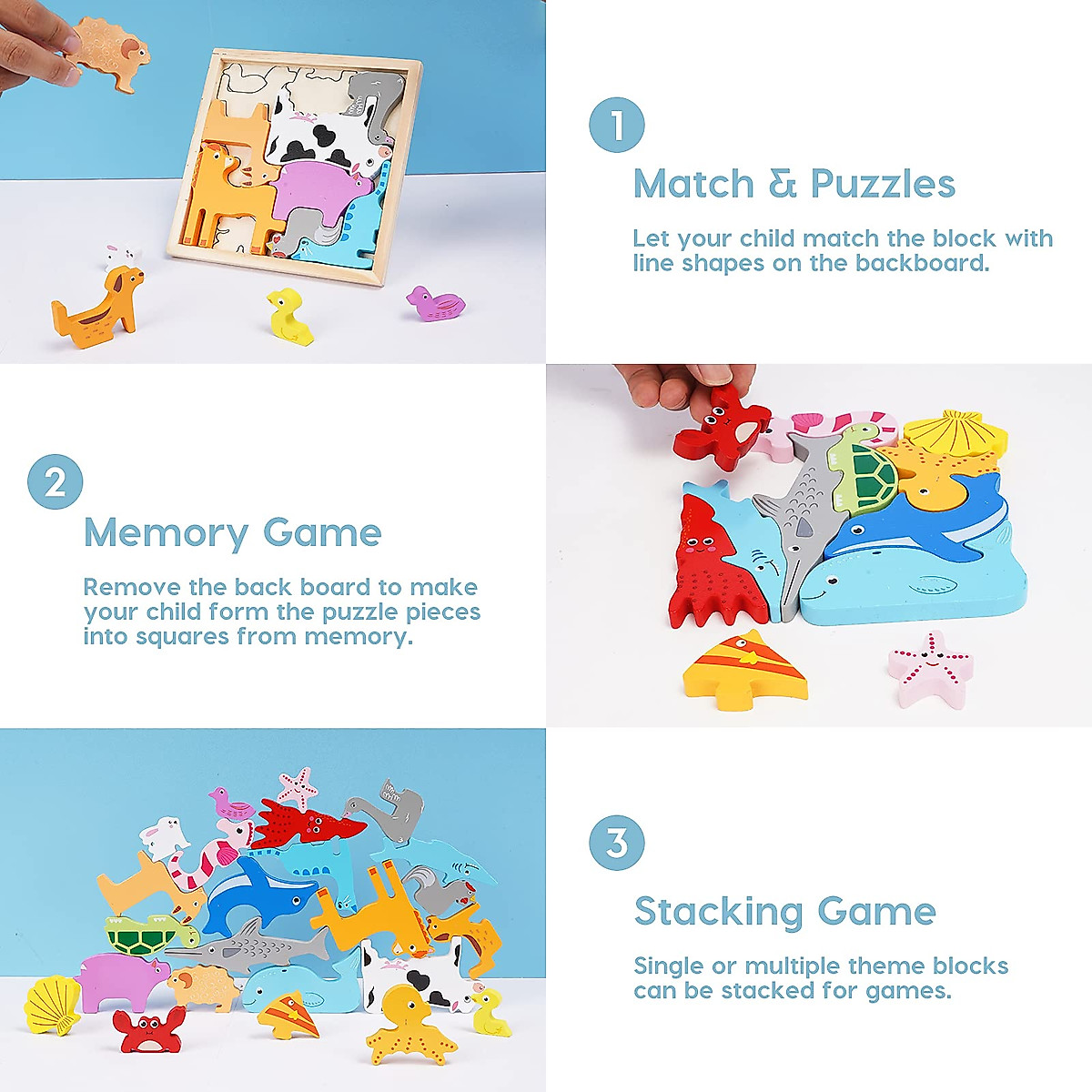 Luvios Toddler Toys Stacking Toys & Building Blocks & Farm Animals for Toddlers 1-3, Wooden Puzzles for Kids Ages 3-5 Wooden Montessori Toys Funny Gifts for 1 2 3 4 5 Year Old Boys Girls Toys