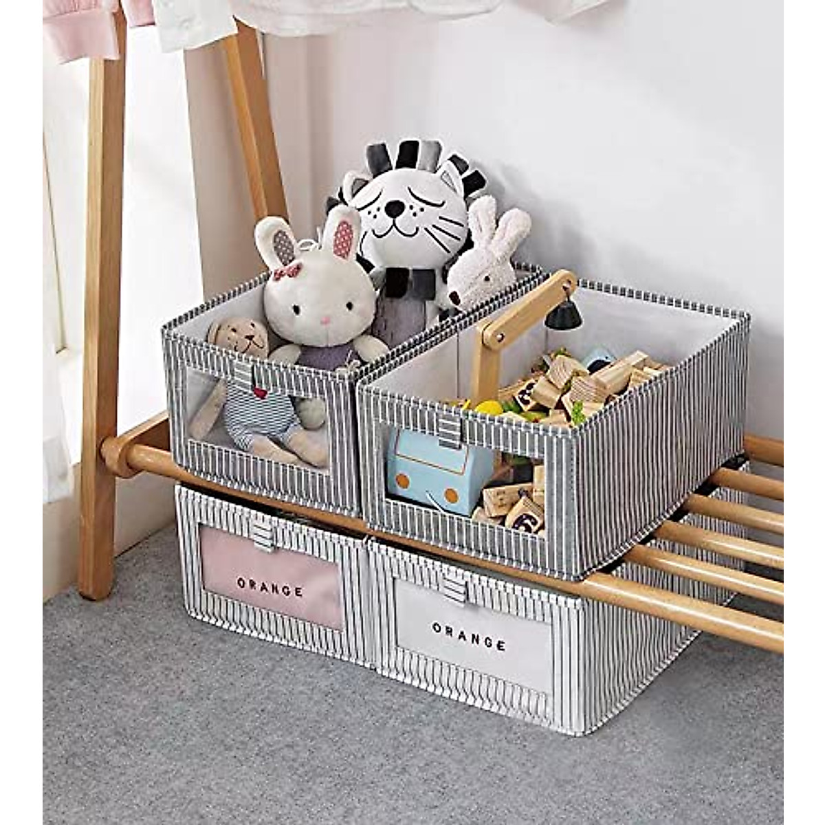 2 Pack Open Storage Bins, Washable & Visible Closet Clothing Organizer with Window. Foldable Fabric Baskets for Clothes, Towel, DVD, Book (Large White stripe)