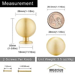 QOGRISUN 10-Pack Solid Brass Cabinet Knobs, Round Ball Gold Knobs for Dresser Drawer, 1.1-Inch Diameter, Sphere Cabinet Pulls, Brushed Brass Finish