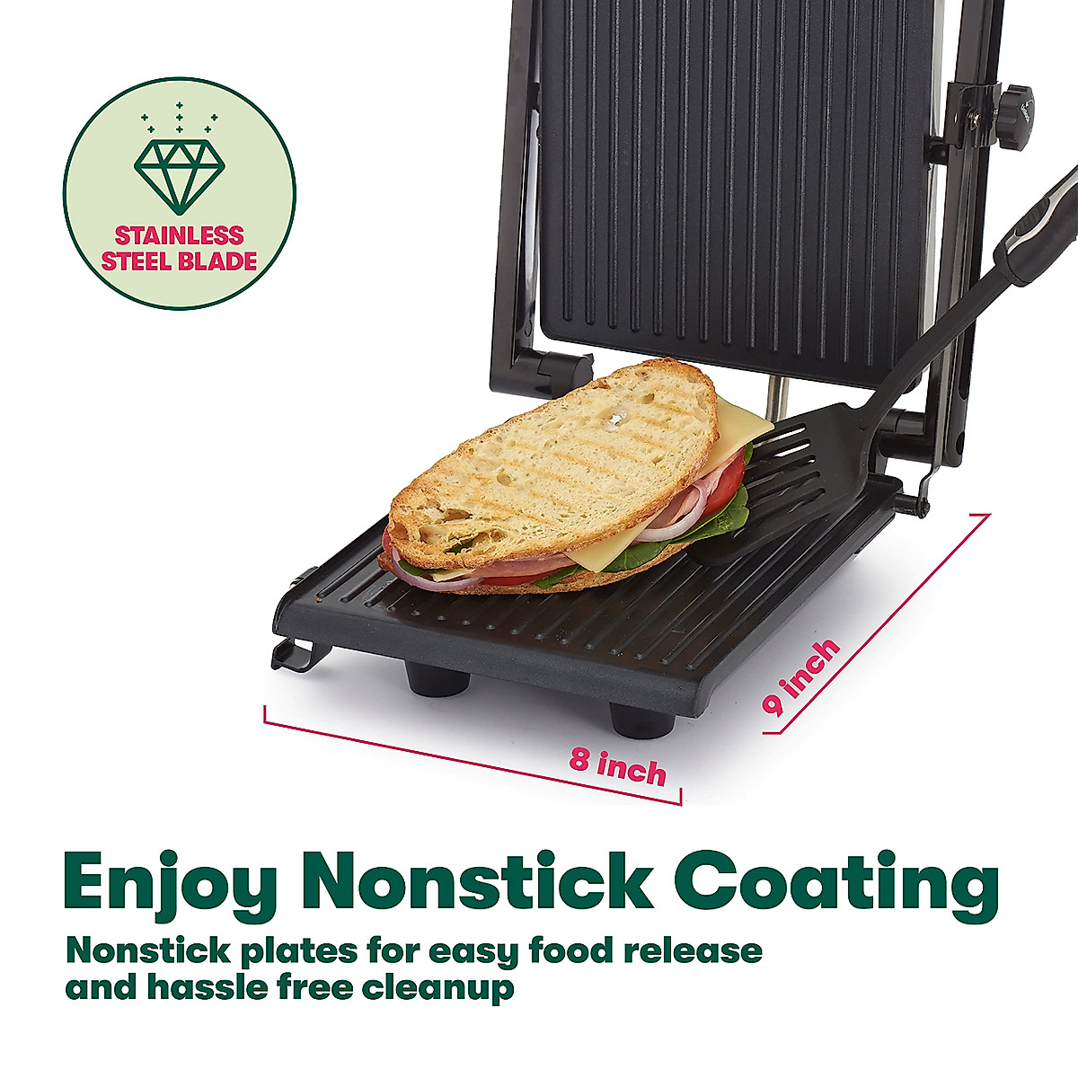 BELLA Electric Panini Press & Sandwich Grill, Polished Stainless Steel, Multifunction Space-Saving Panini Press & Contact Grill with Non-Stick Plates (13267)