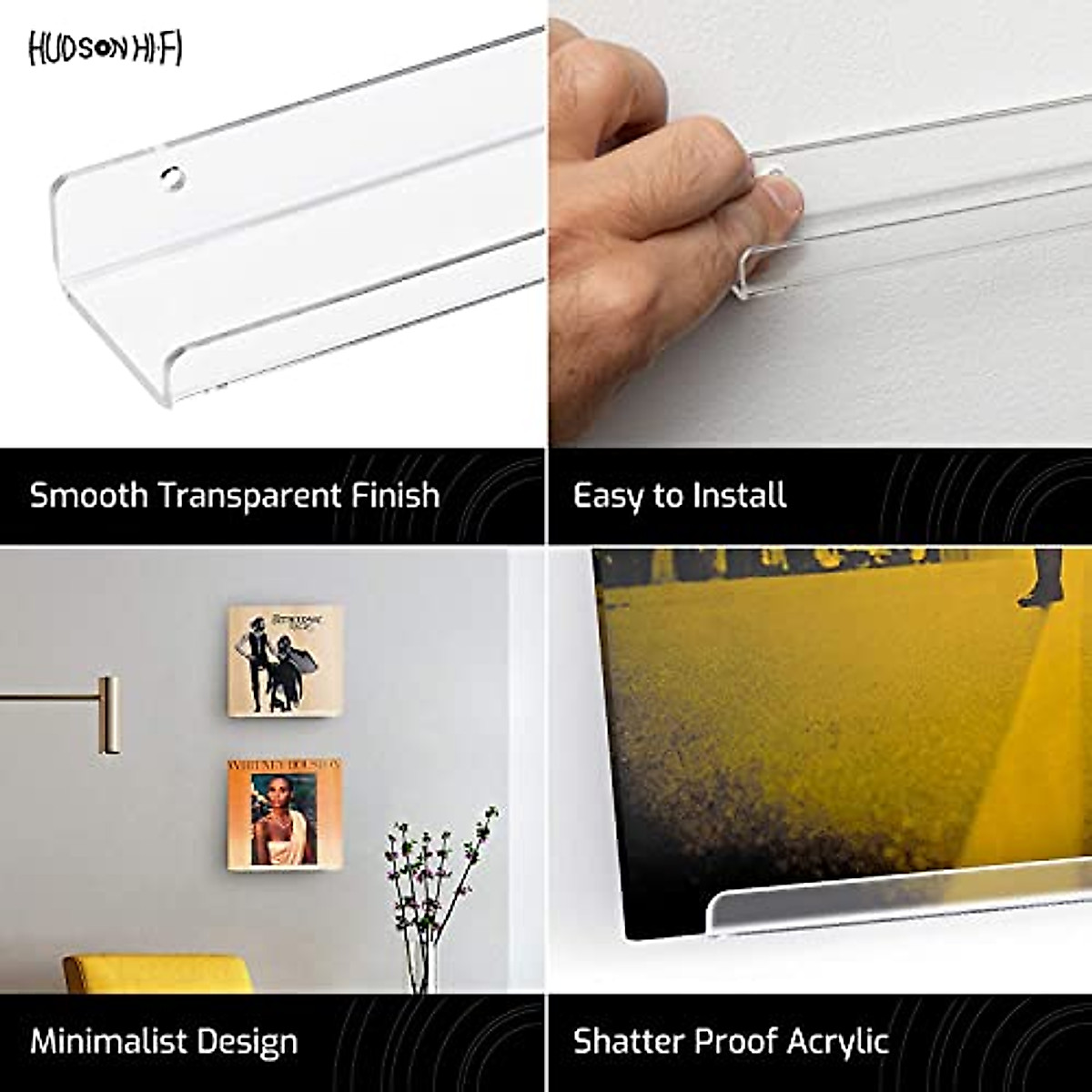 Hudson Hi-Fi LP Vinyl Record Wall Display Shelf - Display Your Favorite LP Records in Style (4 Pack, Cleay Acrylic)