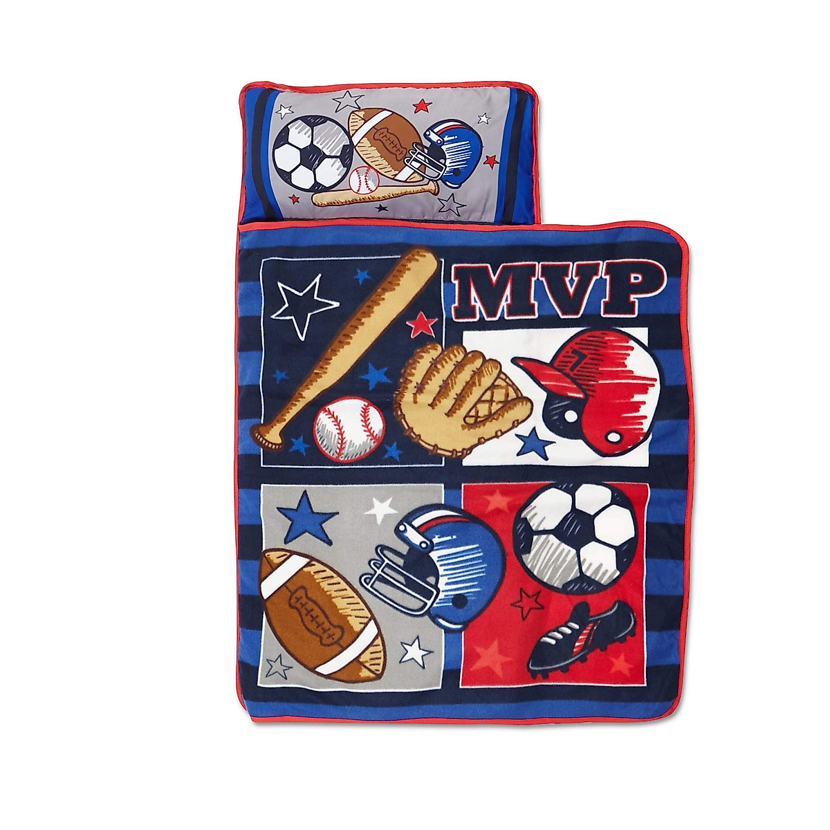 Baby Boom Funhouse MVP Sports Nap Mat Set - Includes Pillow and Fleece Blanket – Great for Boys Napping during Daycare or Preschool - Fits Toddlers, Blue