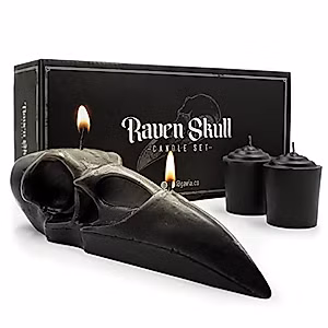 GAVIA Raven Skull Candle Set - Scented - Gothic Decor - Witchy Room Decor - Goth Bedroom Decor - Skull Decor - Horror Decor - Spooky Home Decor - Gothic Home Decor - Witch Decor - Halloween Home Decor