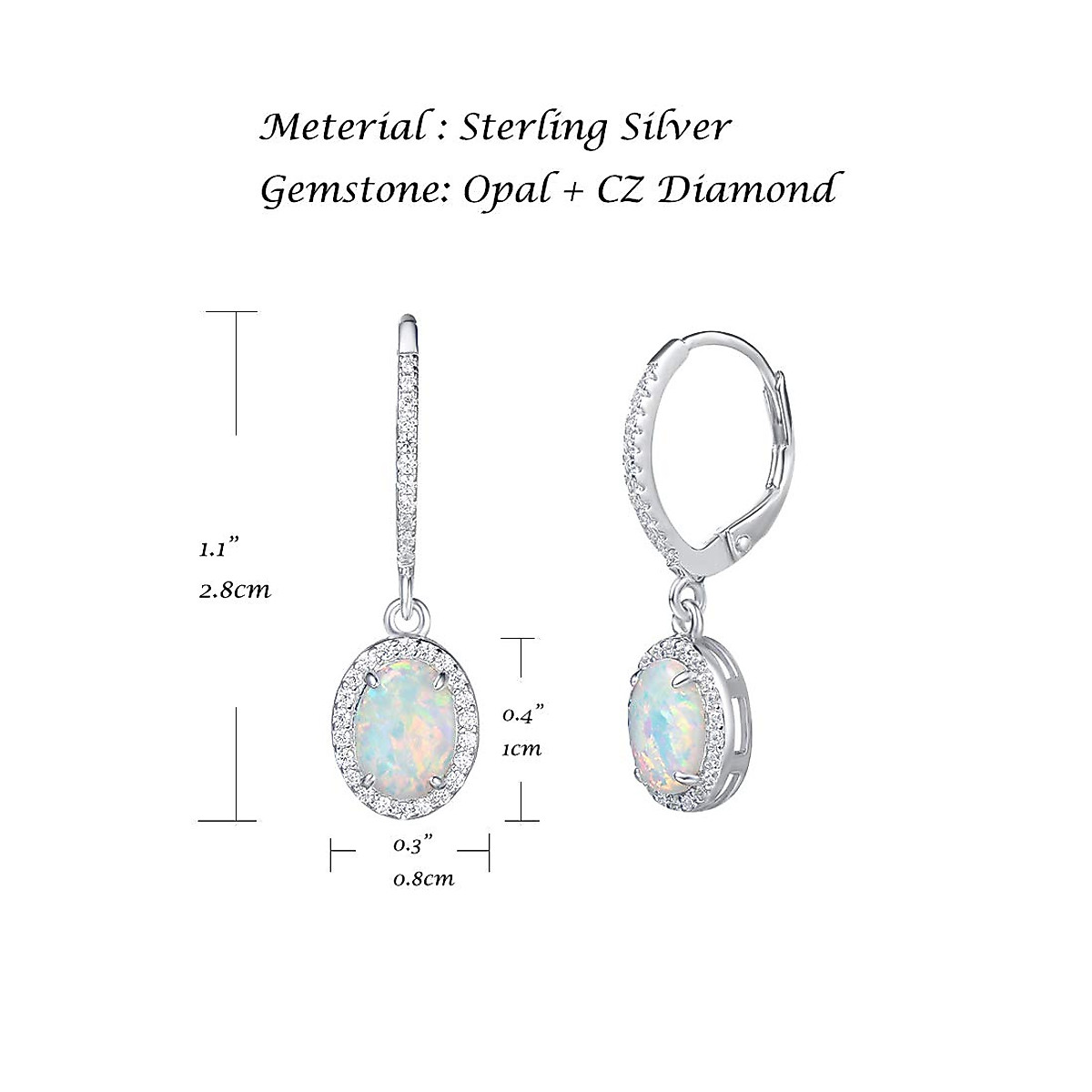 FANCIME Lever Back Earrings Sterling Silver Created White Fire Opal Halo Cubic Zirconia French Back Earrings Opal Jewelry for Women