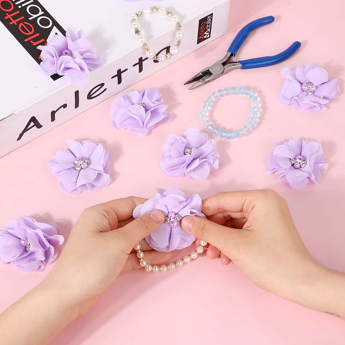 30 Pieces Fabric Flowers for Crafts, Purple Rhinestone Pearl Chiffon Applique Patches Lace Sewing Small Floral Applique for Clothing, Wedding Ornament, Graduation Headbands Flower, Party Decoration