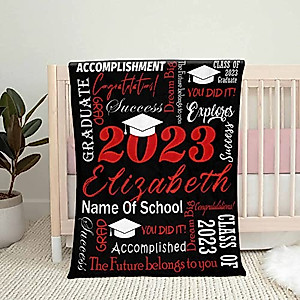 Artsadd Custom Senior 2023 Throws Blanket Personalized Class of 2023 Cap Black Red Bed Blanket Custom Graduation Blanket Gifts for Teens Friend BFF 30x40 Inch
