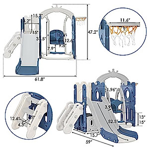 Virubi 5-in-1 Slide with Swing Set, Freestanding Baby Slide Set with Climber, Basketball Hoop and Storage Space, Slide & Swing Playset for Toddlers Age 1+ Outdoor Indoor Playground (Blue & White)