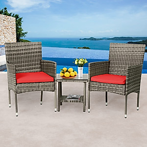 FDW 3 Piece Outdoor Furniture Set Patio Gray Wicker Chairs Furniture Bistro Conversation Set 2 Rattan Chairs with Red Cushions and Glass Coffee Table for Porch Lawn Garden Balcony Backyard