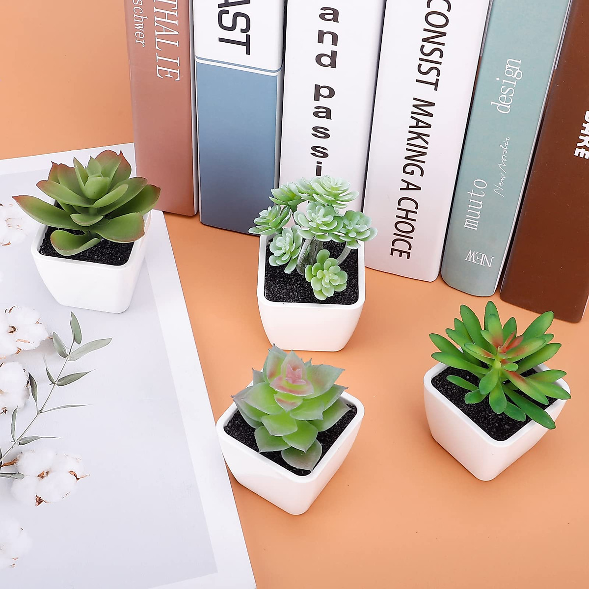 COCOBOO Artificial Succulents in Pots 4pcs Succulents Plants Artificial, Fake Succulents Small Potted Fake Plants for Desk Shelves Living Room Bedroom Kitchen Office Windowsills Decoration