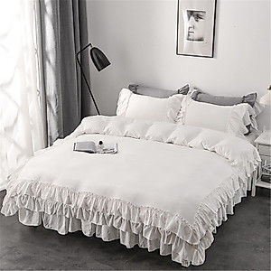 Soukach/SOUKECHY White Shabby Chic 3 Pieces Bedding,Vintage Ruffled Queen Duvet Cover Set with 2 Layers Ruffles,Soft Brushed Microfiber Set with Zipper Closure(Queen, White)