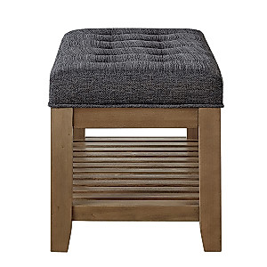 24KF Large Rectangular Upholstered Tufted Linen Fabric Ottoman Bench, Padded Bench with Solid Wood Shelf-Charcoal
