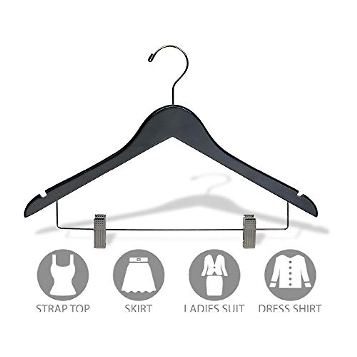 Black Rubberized Wooden Combo Hangers with Adjustable Cushion Clips, Flat Rubber Coated Hangers with Chrome Swivel Hook & Notches (Set of 50) by The Great American Hanger Company
