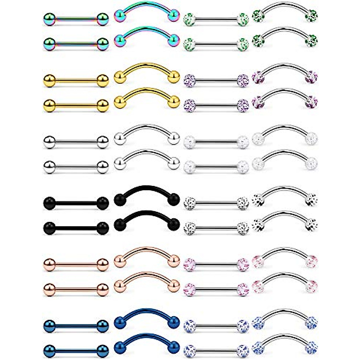 Hoeudjo 48PCS 16G Straight & Curved Barbells Snake Eyes Tongue Rings Surgical Steel Nipple Ring Nipplerings Piercing Jewelry for Women Men 16MM Silver-Tone Rose Gold Black