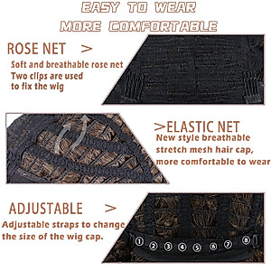 LINGHANG Short Curly Afro Wigs with Bangs for Black Women, Brown Afro Kinky Curly Wigs for Black Women Synthetic Heat Resistant Fluffy Brown Wigs (Ombre Brown)