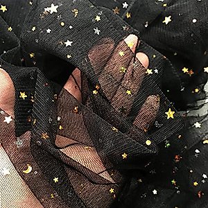 levylisa Glitter Star Moon Sequin Tulle Net Yarn for Tutu Skirts Sewing Birthday Wedding Party Decoration, 59” by 5 Yards (Black)
