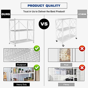 Lifetime Home 3-Tier Foldable Storage Shelf with Wheels - Metal Collapsible Shelving Unit Display, Rolling Cart for Books Kitchen Storage Shelves, Pantry & Closet Organizer, Office Room Decor - WHITE