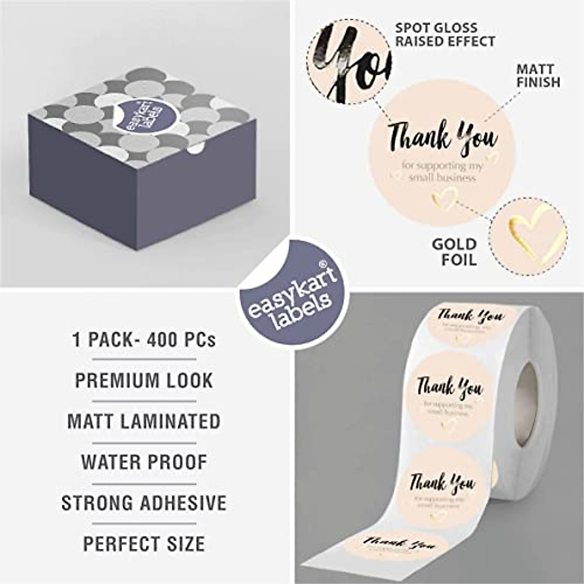 Easykart 400 Thank You for Supporting My Small Business Sticker Labels | Pastel Peach Color with Gold Foil Hearts | 1.5" Round in Roll | Highly Recommended for Small Business Owners