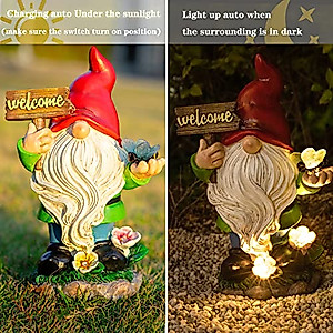 Ovewios Garden Gnomes Statue with Solar Lights, Large Garden Gnome Outdoor Funny Figurines Holding Welcome Sign and Bee Garden Decor for Outside Patio Yard Lawn Sculpture Ornament Gifts