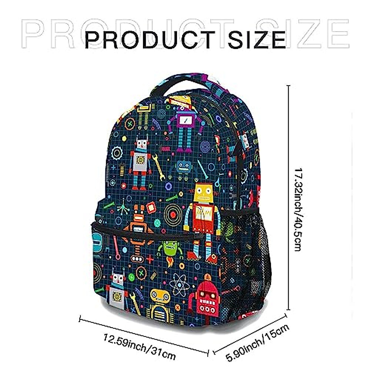 oallpu 17 Inch Cartoon Robots Backpack, Colorful Robots Shoulders Backpack Stylish Laptop Bag, Cool Daypack with Adjustable Shoulder Strap(Colorful Robots)