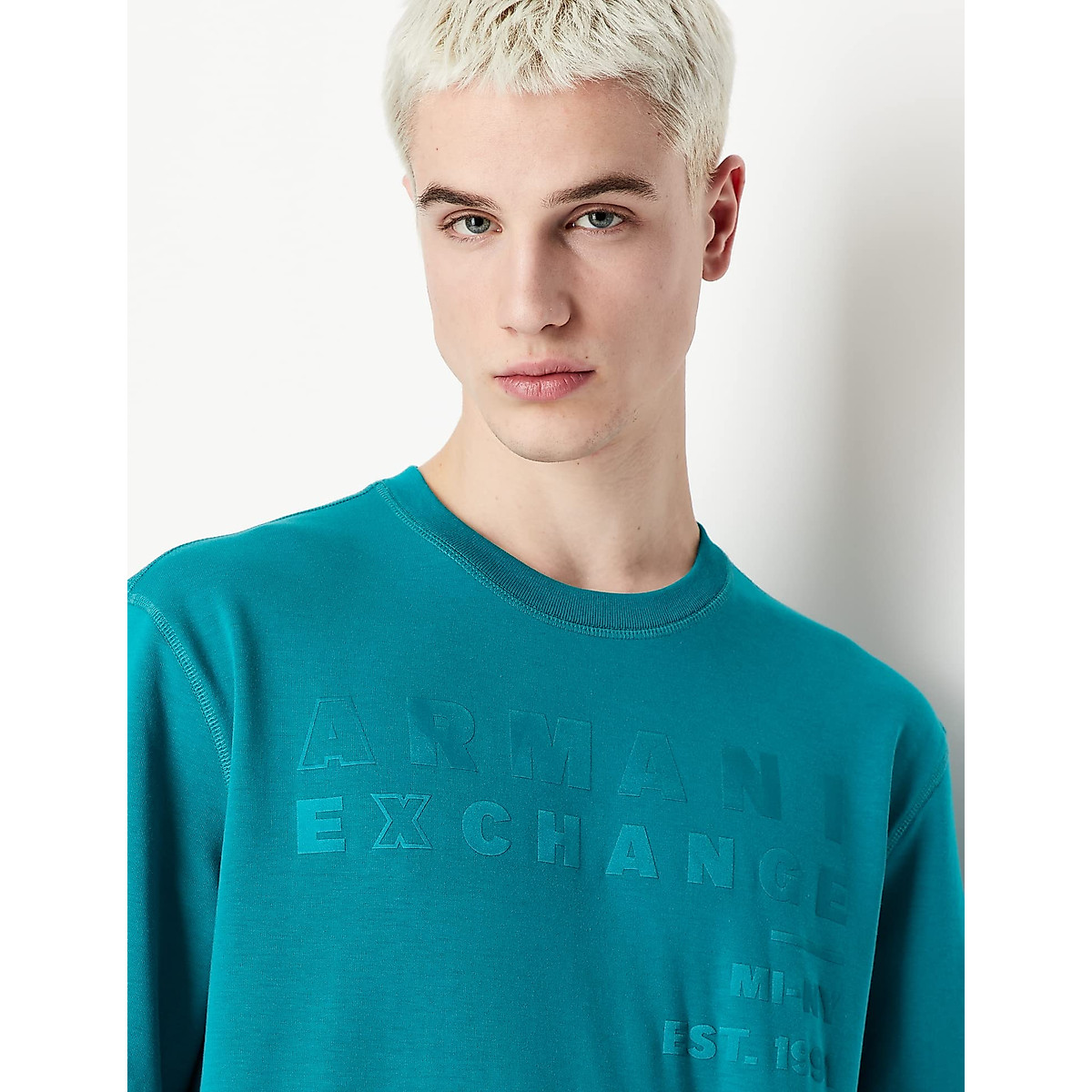 Armani Exchange Men's Organic Cotton Seasonal Basic Foil Lettering Crewneck Sweatshirt, Deep Lake, Extra Small