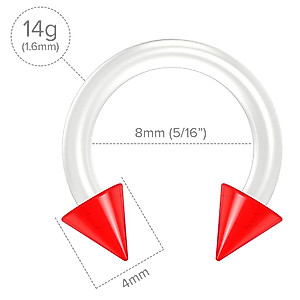Evonix 2pc 14g Flexible Bioflex Circular Barbell Horseshoe Septum Ring Bioplast Piercing 8mm Spike Red
