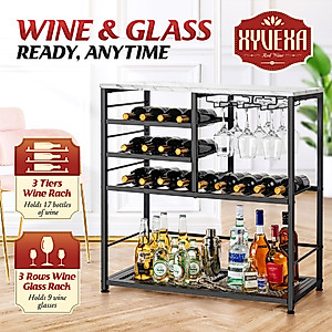 Wine Rack Table with Glass Holder, 32 Inch Modern Wine Bar Cabinet with Storage for 17 Bottle & 9 Glass, Table Liquor Bar Cabinets for Home, Bar, Kitchen, Buffet, Dining Room