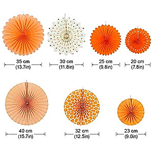 SUNBEAUTY Pack of 7 Hanging Paper Fans Collection Orange Paper Fans Home Party Photo Backdrop Decorations