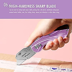 FantastiCAR Folding Box Cutter, Quick Blade Change Utility Knife, with Anti-slip Metal Body, Safety Lock, 5 Extra Blades (Purple Streamline)