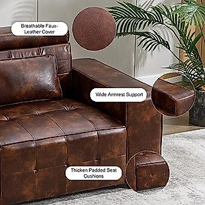 Oprisen 82”Modern Loveseat Sofa Couch for Livingroom Comfy PU Leather Loveseat Couch w/Adjust Headrest, Tufted Button Deep Seat Futon Set w/Wide Arm/Pillows for Apartment (PU-Brown)
