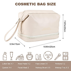 Cosmetic Travel Bag, Double Layer Cosmetic Bag, Large Makeup Bag, Travel Makeup Bag, Makeup Organizer Bag, Leather Cosmetic Bag, Waterproof Toiletry Bag for Women Girls (White)