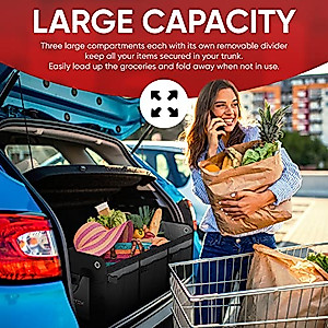 FORTEM Car Trunk Organizer, SUV Trunk Organizer, Car Storage Organizer, Collapsible Multi Compartment Car Organizer, Non Slip Bottom, Adjustable Securing Straps, Foldable Cover (3 Compartments, Grey)