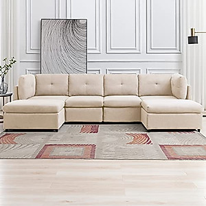 Mjkone Convertible Sofa Couch, Modern U Shaped Sofa with Tufted Back Cushion, 6 Seat Oversized Sectionals Sofa Couch with Ottomans for Living Room/Apartment/Office (Beige)